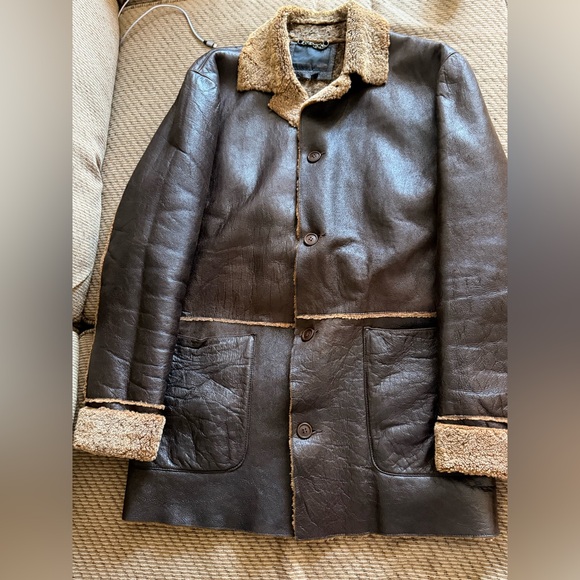 Men's Burgundy Shearling Leather Coat, Size L, Made in Turkey
